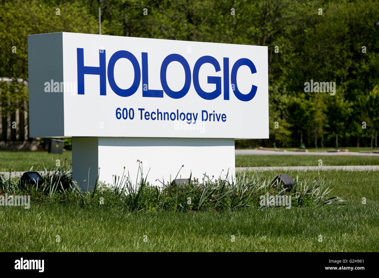 A logo sign outside of a facility occupied by the Hologic Corporation ...