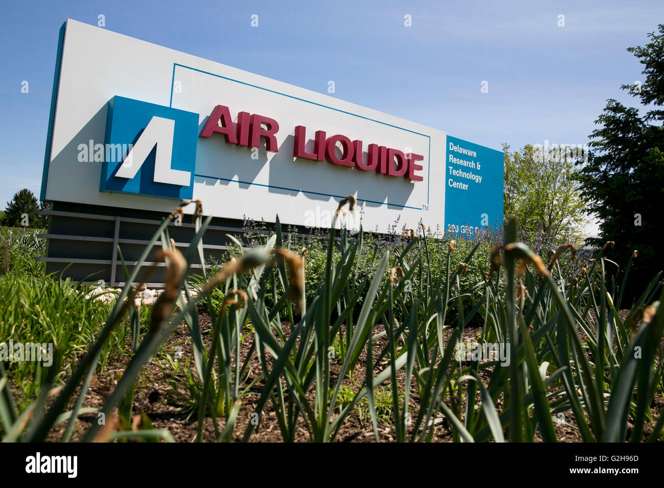 A logo sign outside of a facility occupied by Air Liquide in Newark ...