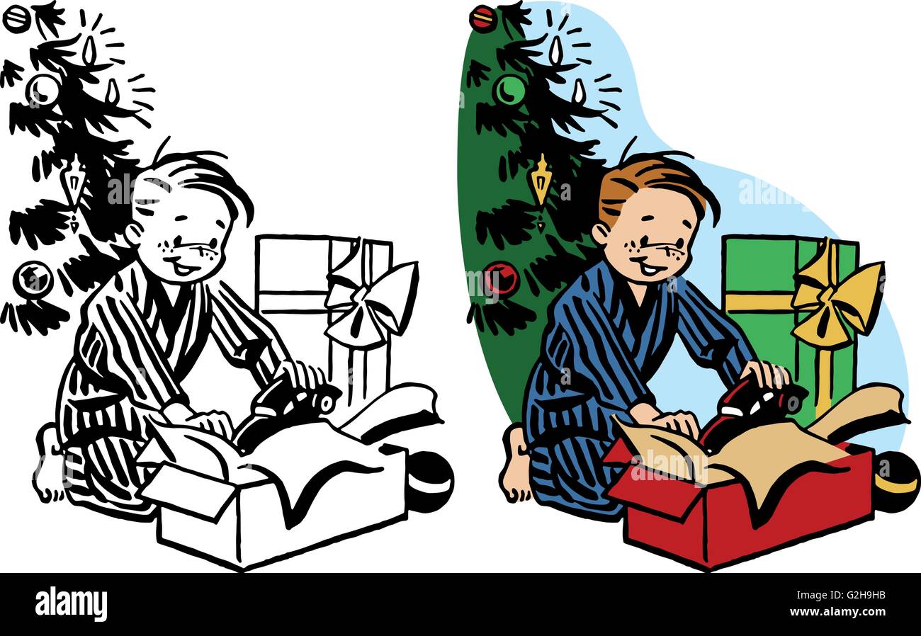 Boy opening present Stock Vector Images - Alamy
