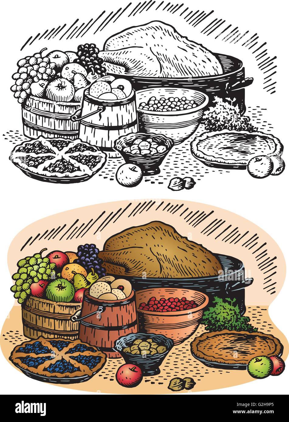 A Thanksgiving feast with a turkey fruit and vegetables Stock Vector ...