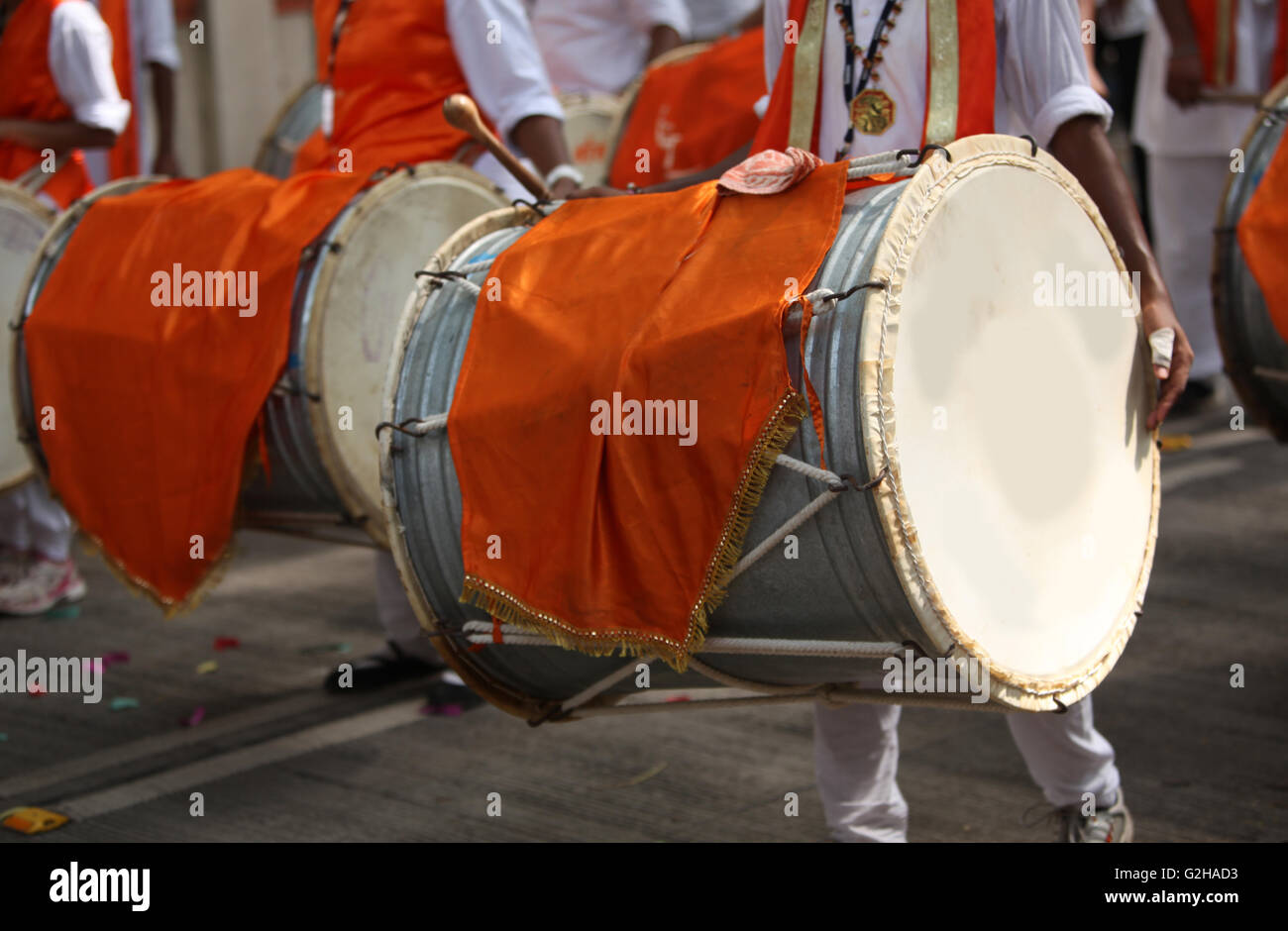 Traditional percussion instruments called drums used in a Ganesh ...