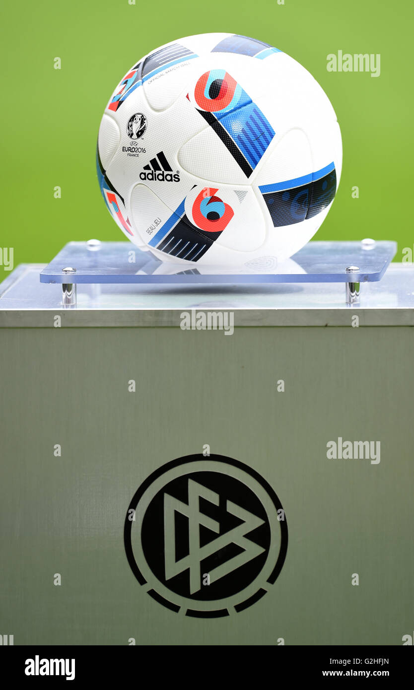 Augsburg, Germany. 29th May, 2016. The soccer ball 'Beau Jeu' for the ...