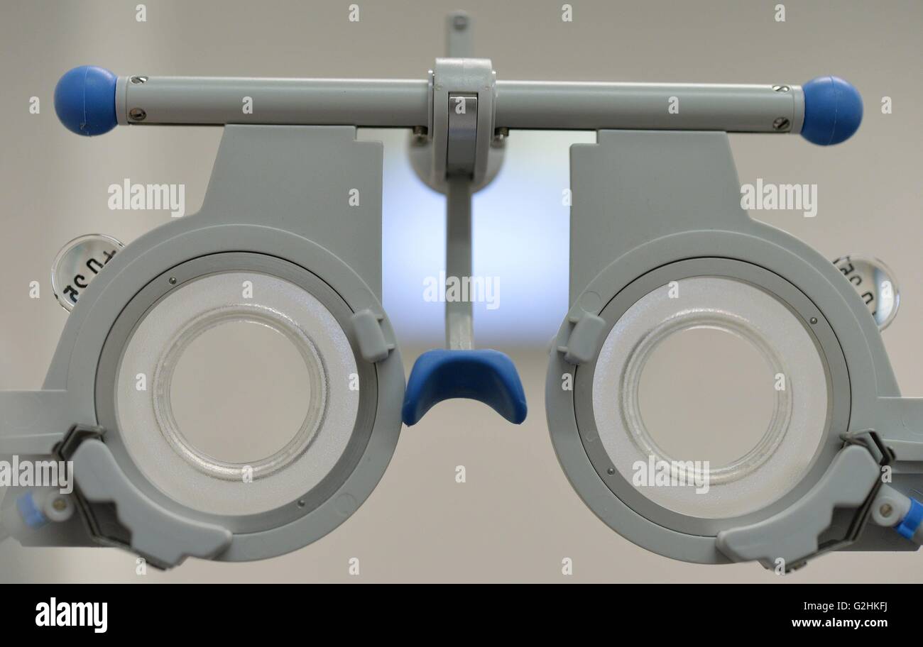 Glasses for an eyesight test at the optrician, Germany, 30. May 2016 ...