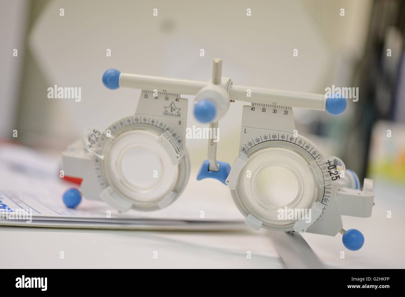 Glasses for an eyesight test at the optrician, Germany, 30. May 2016 ...