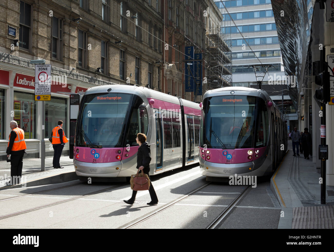 31st May 2016. Birmingham, West Midlands, England, UK. Trams wait at ...
