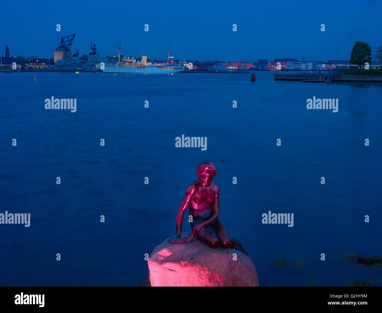 The Mermaid, sculpture, landmark of Copenhagen, in the background the ...