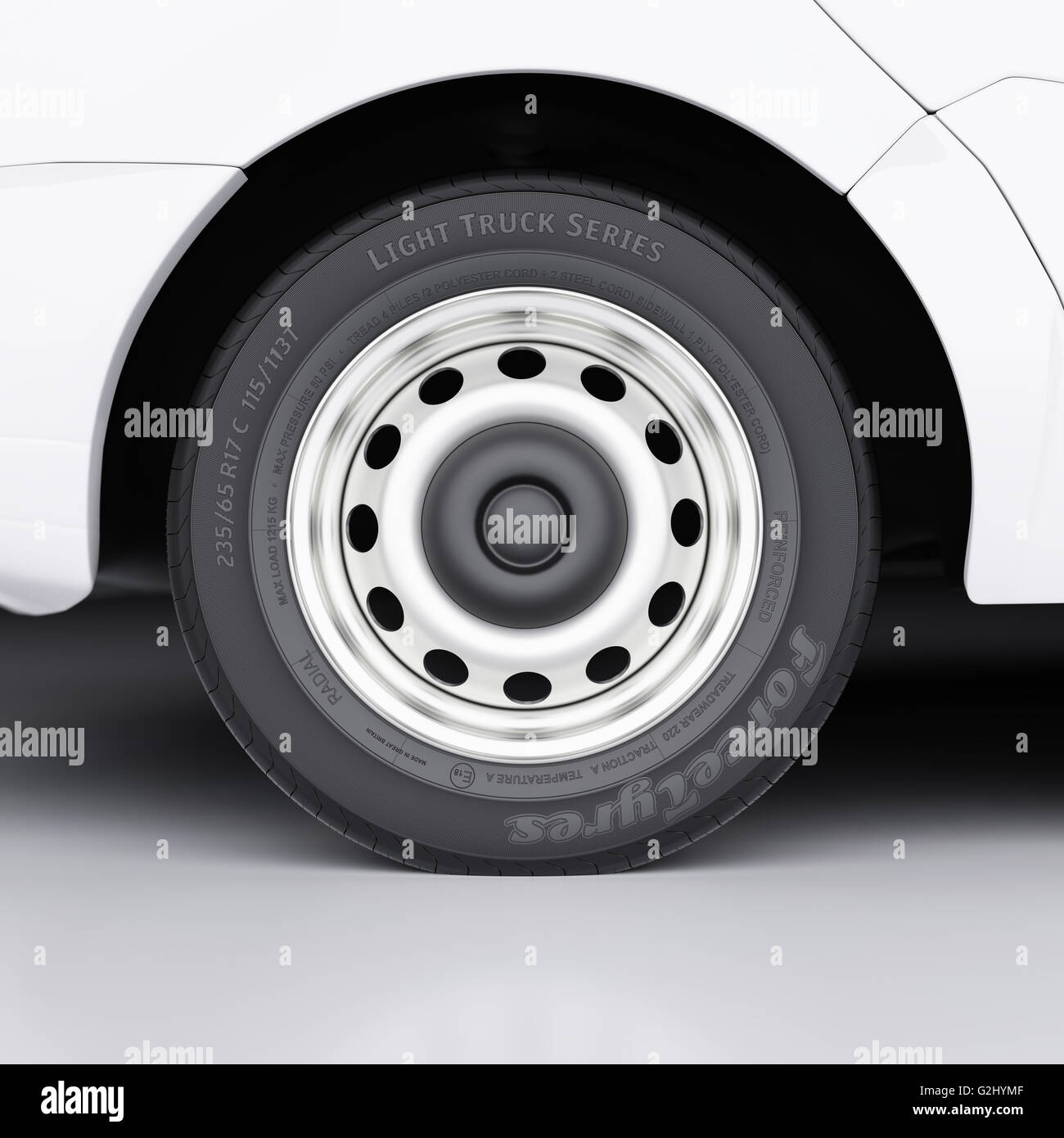 Van wheel with abstract label and markings close-up 3d illustration ...