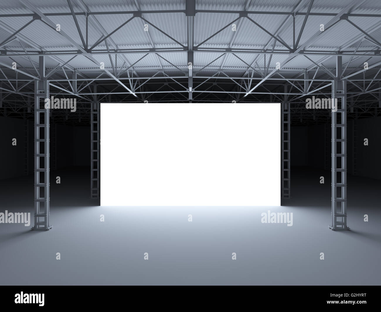 Abstract illuminated white stage inside of industrial building 3d ...