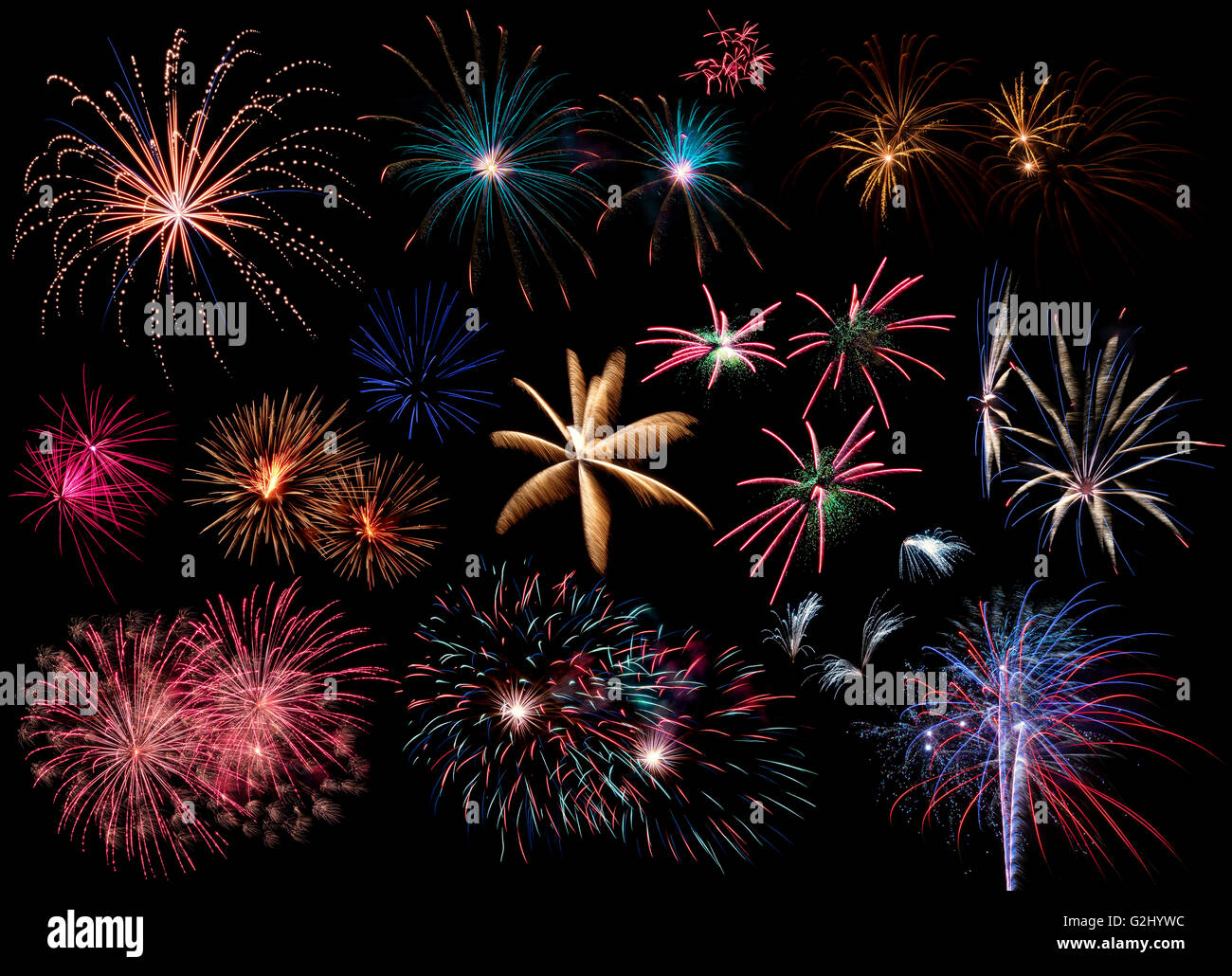 A collage or compilation of different Fireworks bursting, isolated on ...