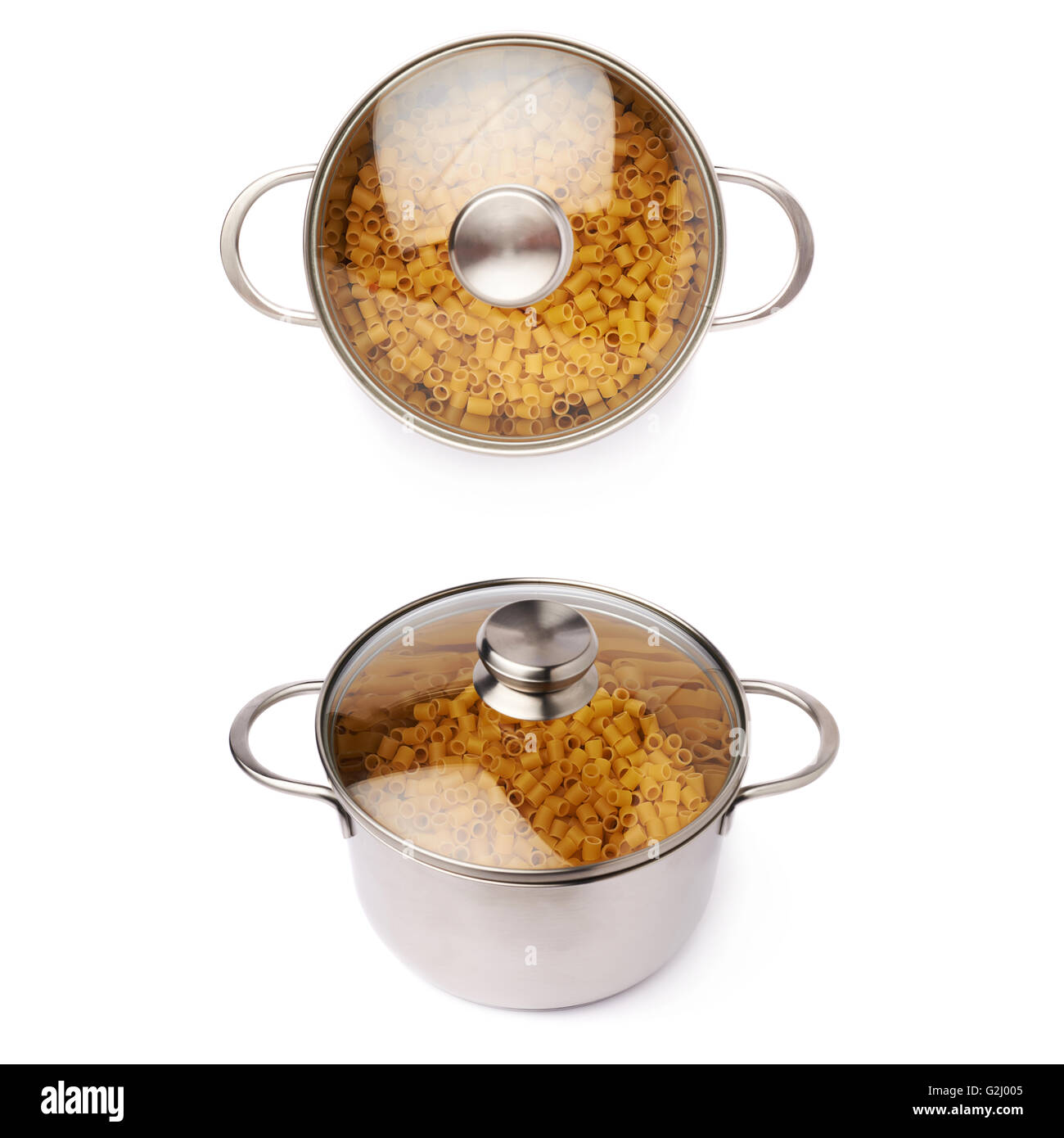 Set Of Metal Pan With Glass Lid Filled With Dry Ditalini Pasta Over set-of-metal-pan-with-glass-lid-filled-with-dry-ditalini-pasta-over
