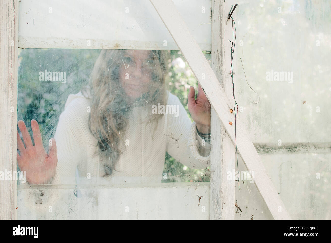 Woman Looking Through Window into Greenhouse Stock Photo - Alamy