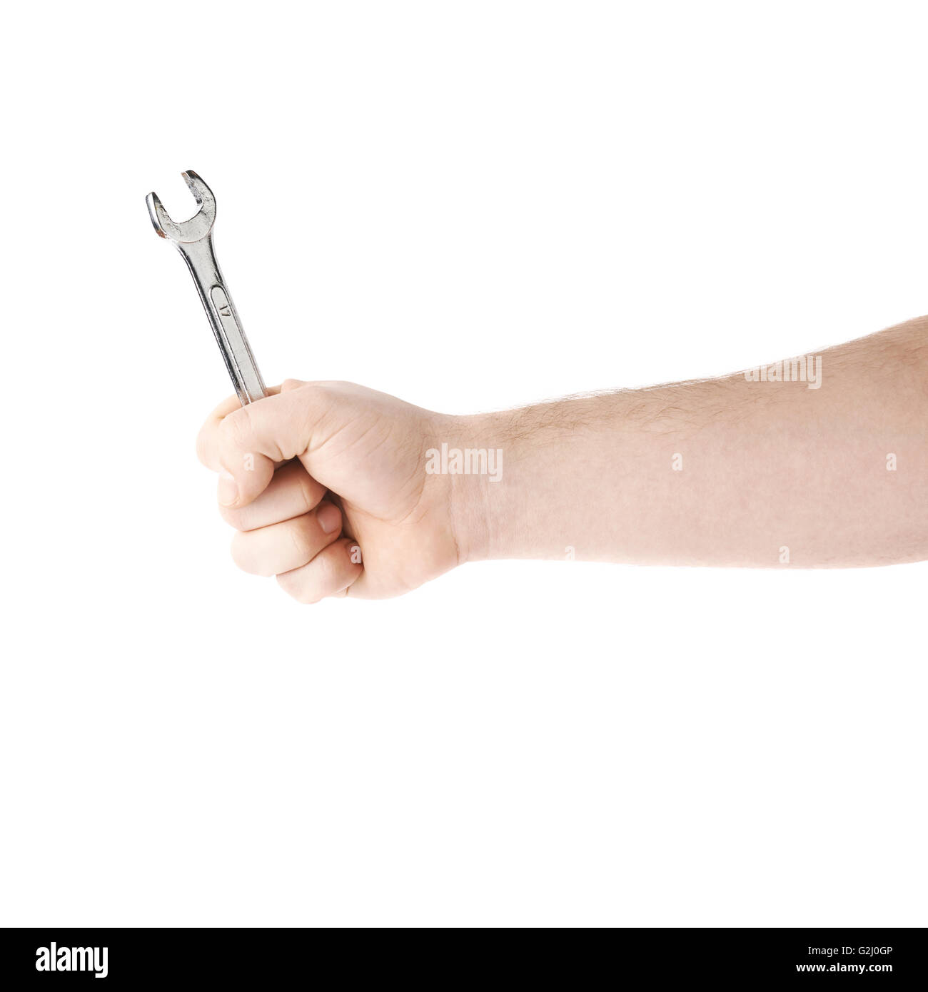 Hand holding a wrench tool, composition isolated over the white ...