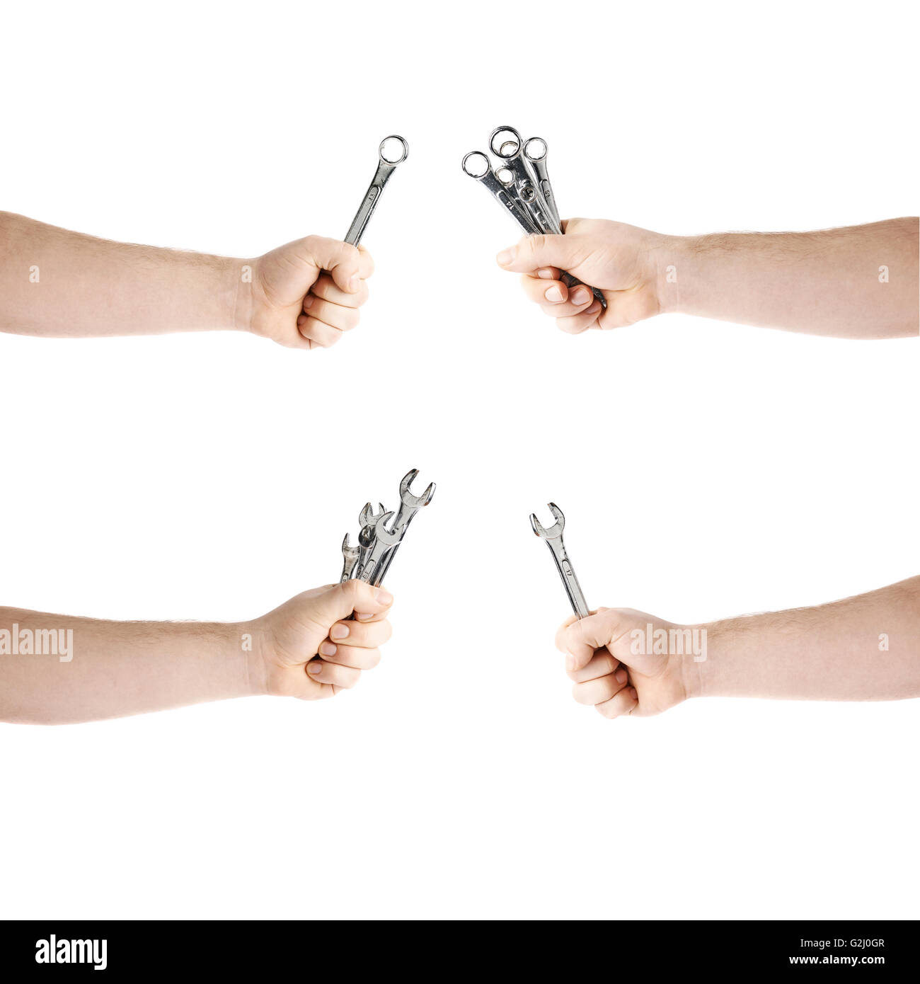 Set of hand holding a wrench tools, composition isolated over the white ...