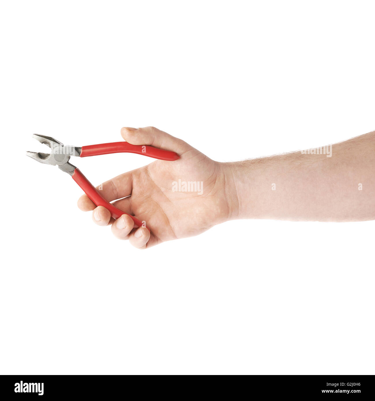 Hand holding a plier tool, composition isolated over the white ...