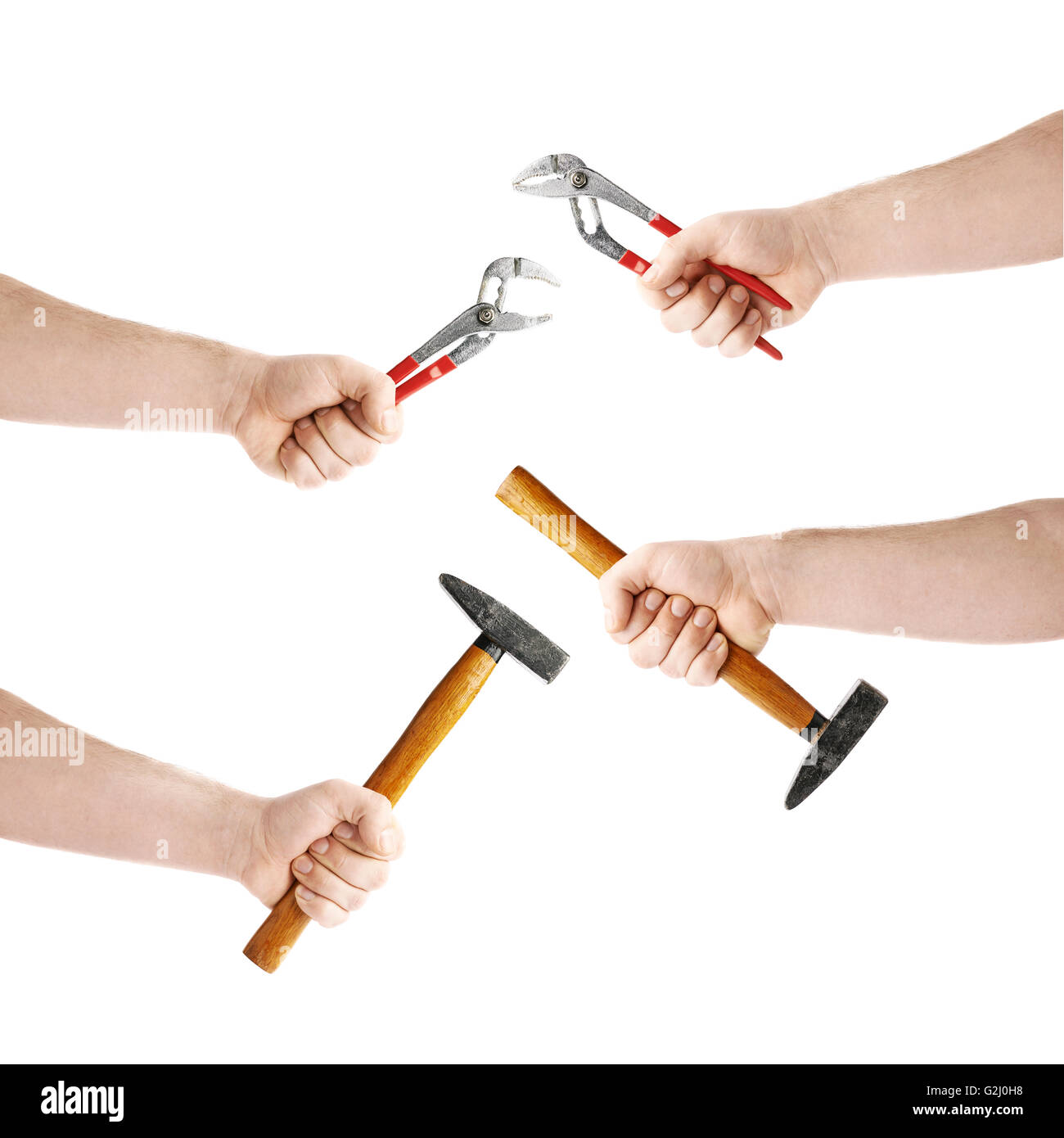 Set of hand holding a working tool, composition isolated over the white ...