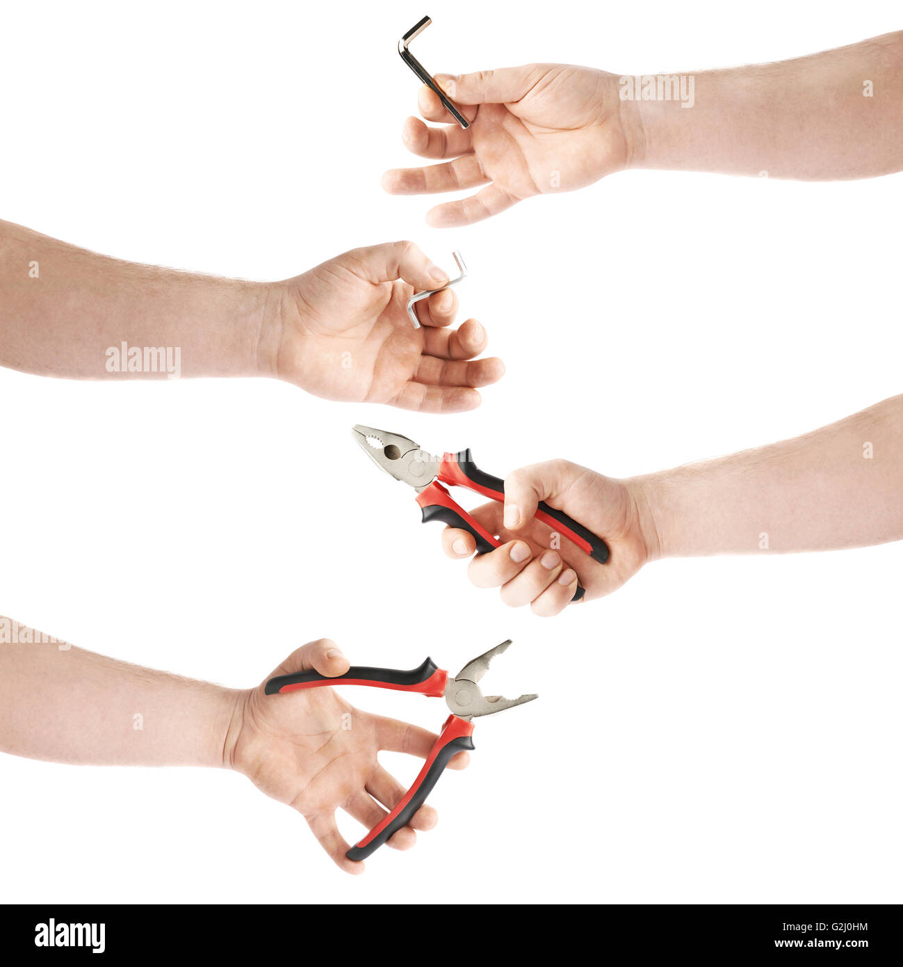 Set of hand holding a working tool, composition isolated over the white ...