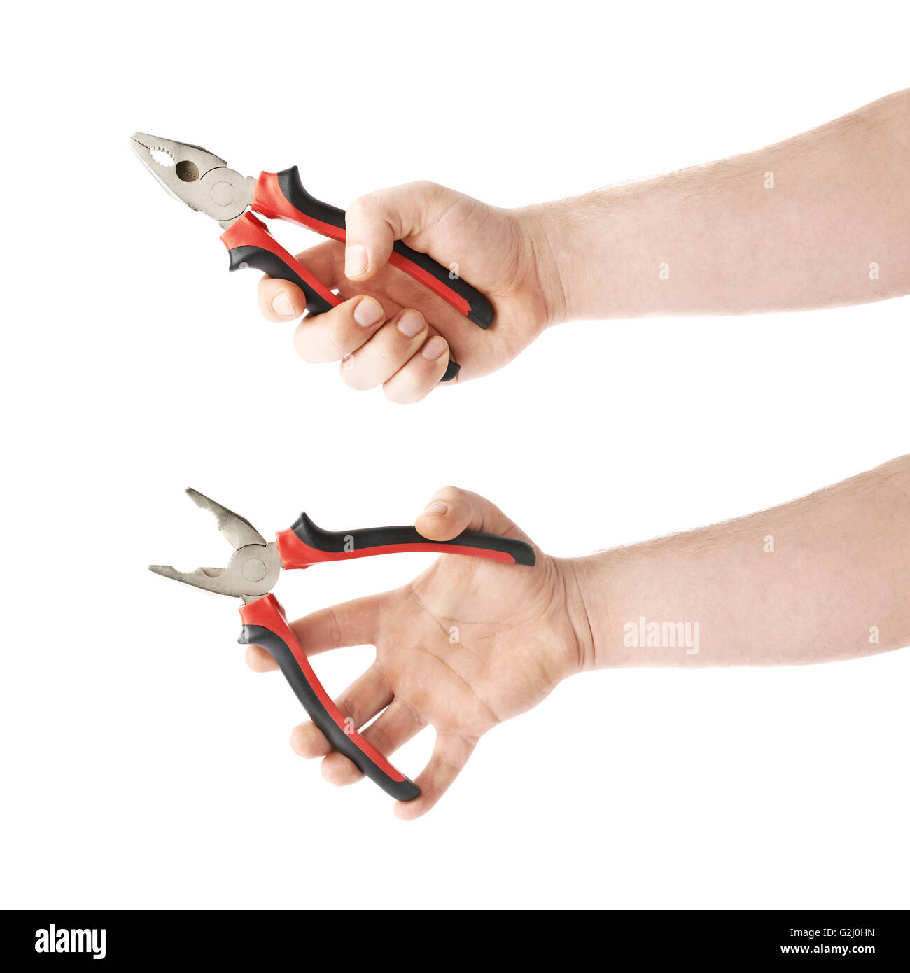Set of hand holding a plier tool, composition isolated over the white ...