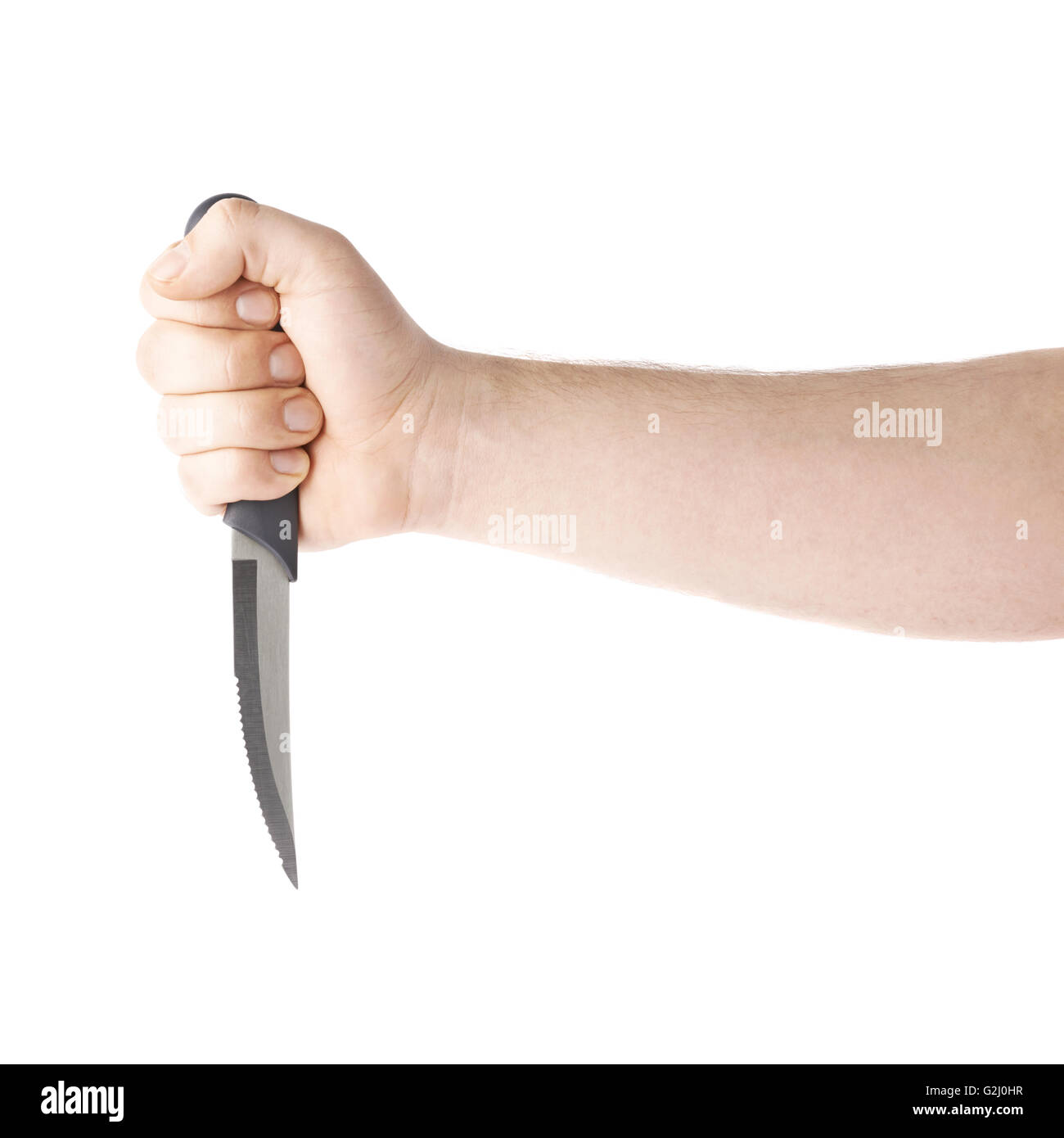 Hand holding a knife, composition isolated over the white background ...
