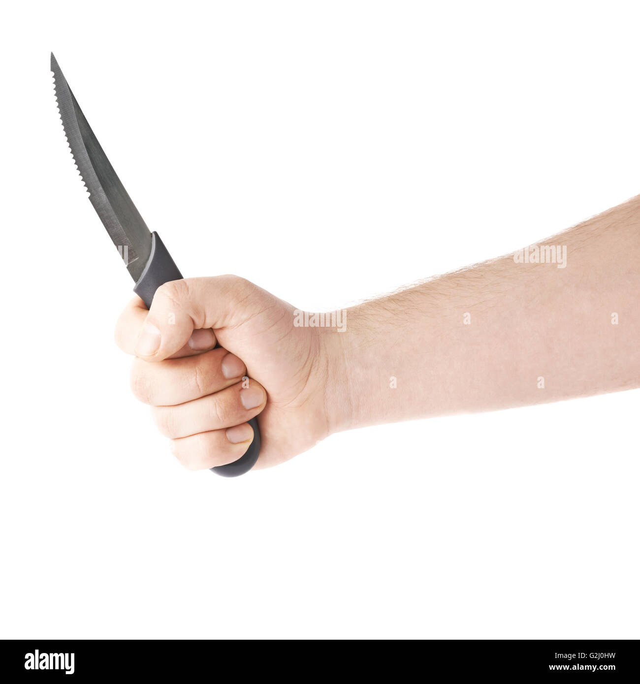 Hand holding a knife, composition isolated over the white background ...