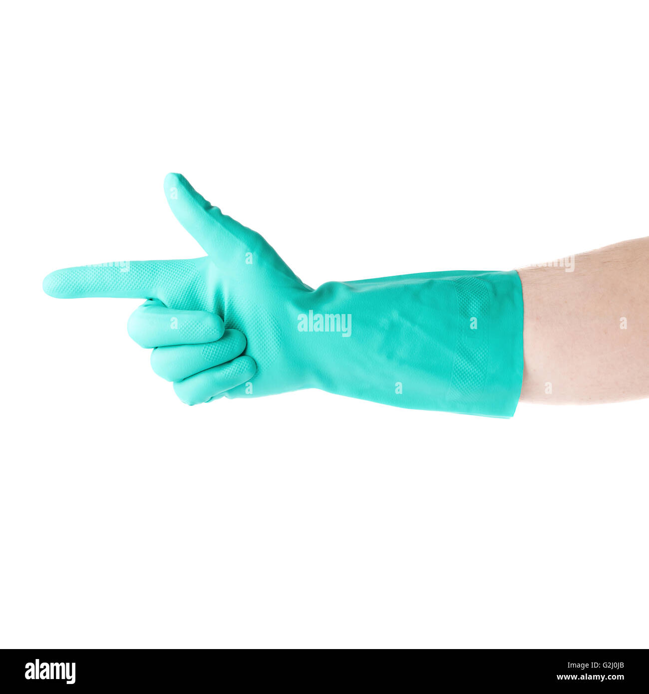 Hand in rubber latex glove with counting one pointing finger sign ...
