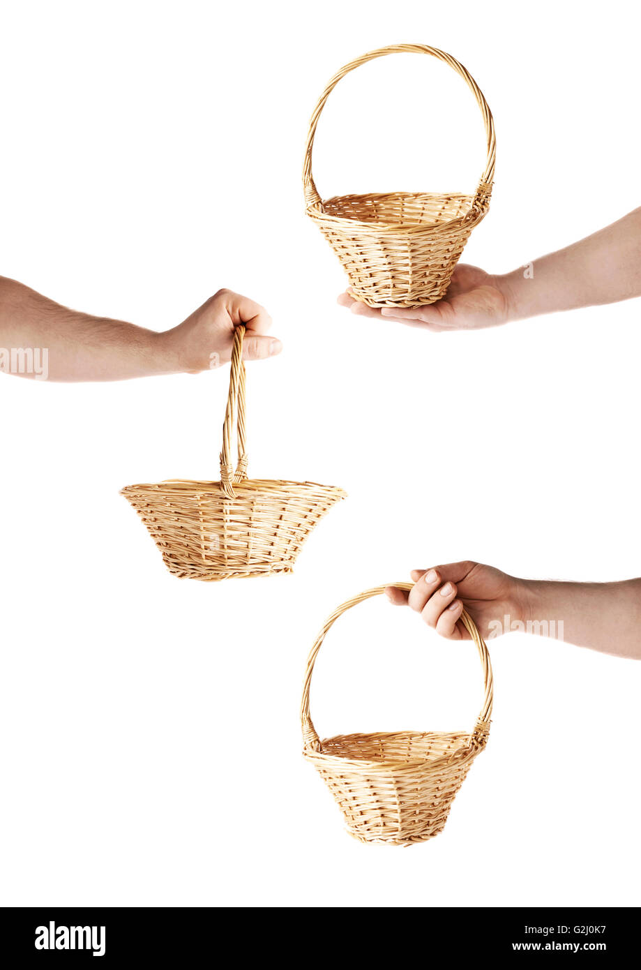 Set of hand holding a wicker basket, composition isolated over the ...