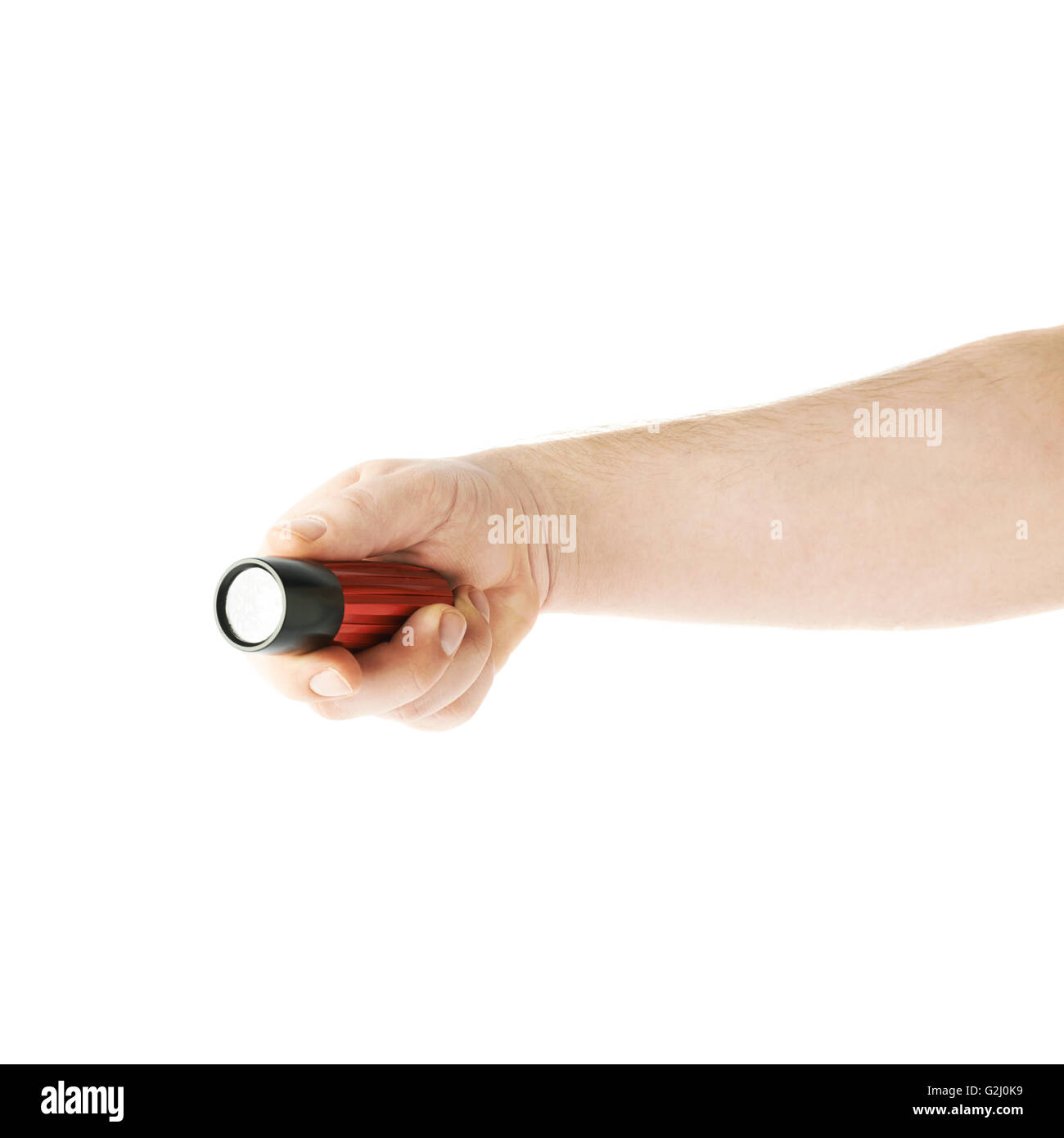 Hand holding a flashlight torch, composition isolated over the white ...