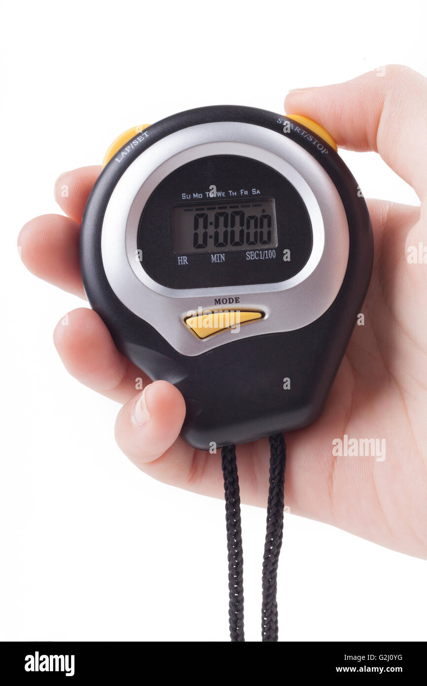 Black Digital timer in female hand isolated on white background Stock ...