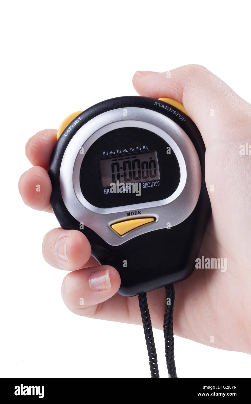 Black Digital timer in female hand isolated on white background Stock ...