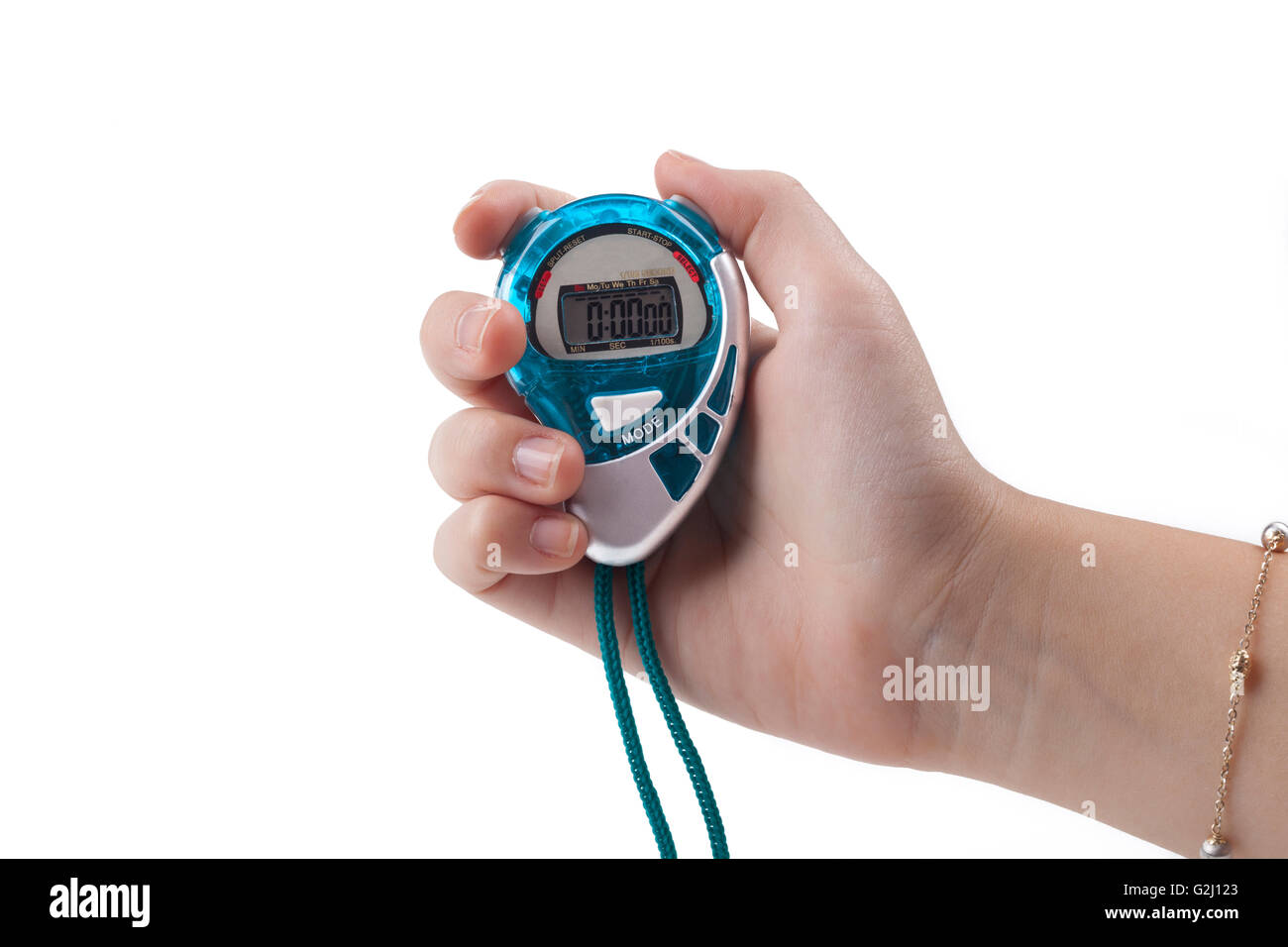 Blue digital stopwatch held by female hand isolated on white background ...