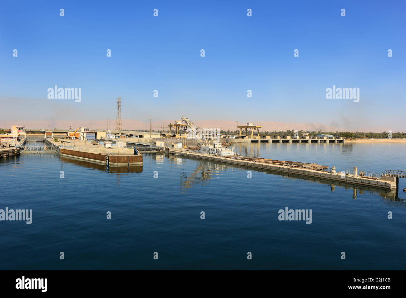 Approaching the Ship locks in Esna, and old dam on the Nile River ...