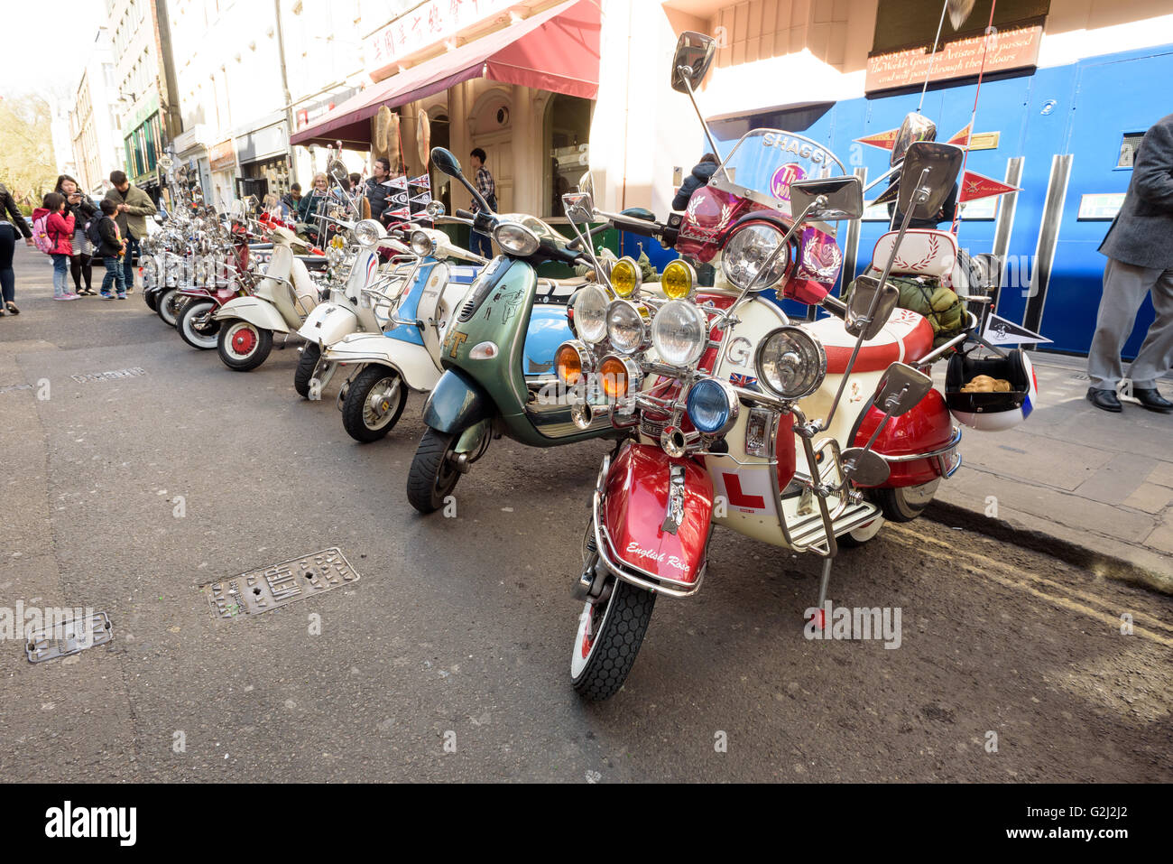 Parked Mod Scooters in London Soho as part of the London to Brighton ...