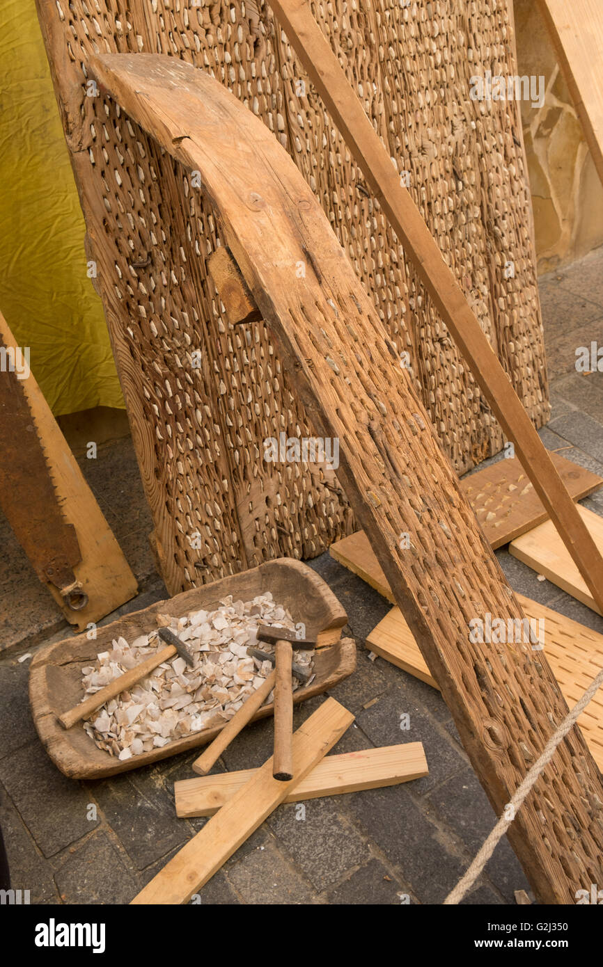 Vintage thresher made of wood and flint stone Stock Photo - Alamy