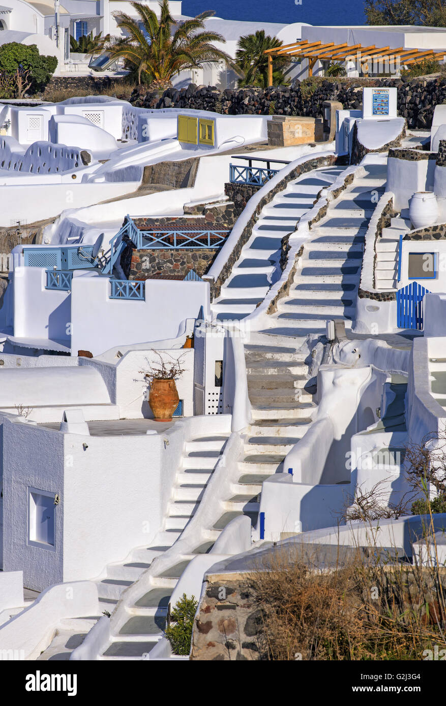 Detail shots at the neighborhoods of Oia resort in Santorini island ...