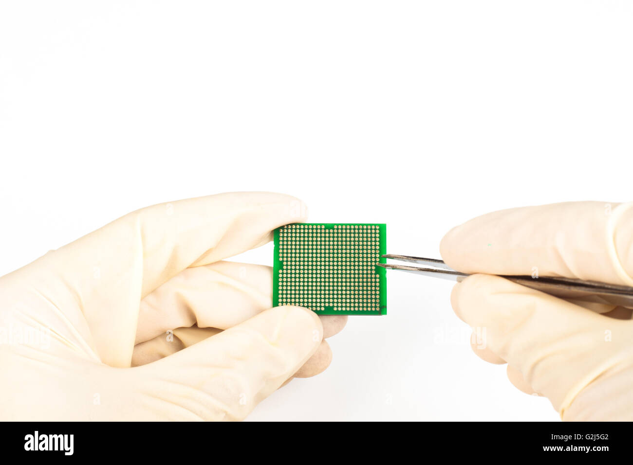 holding small Microprocessor and repair it isolated on white background ...