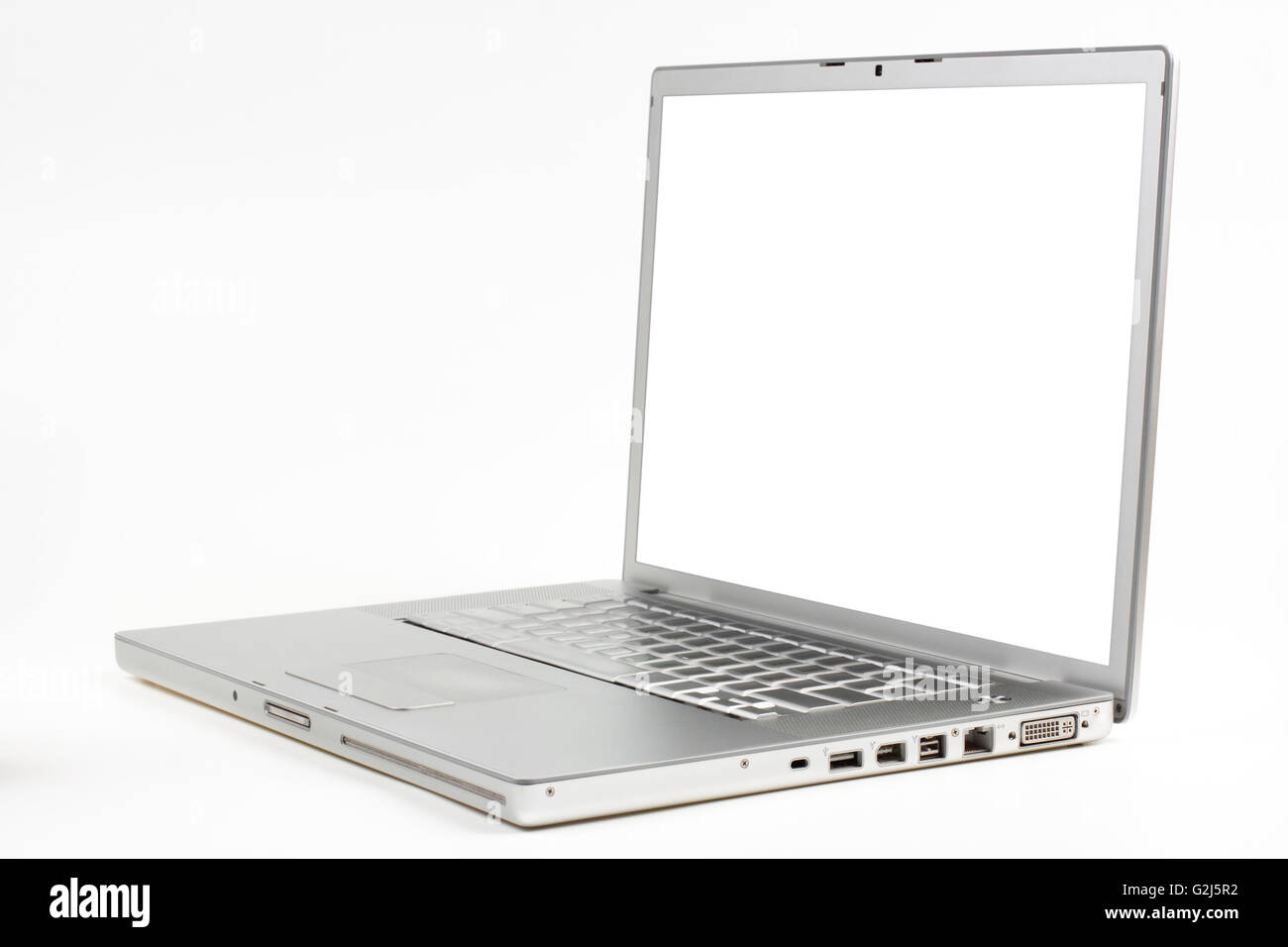 silver laptop side view with black screen isolated on white background ...