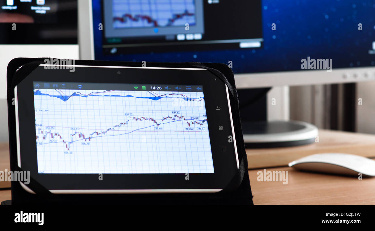 tablet showing chart with a white mouse and computer monitors in the ...