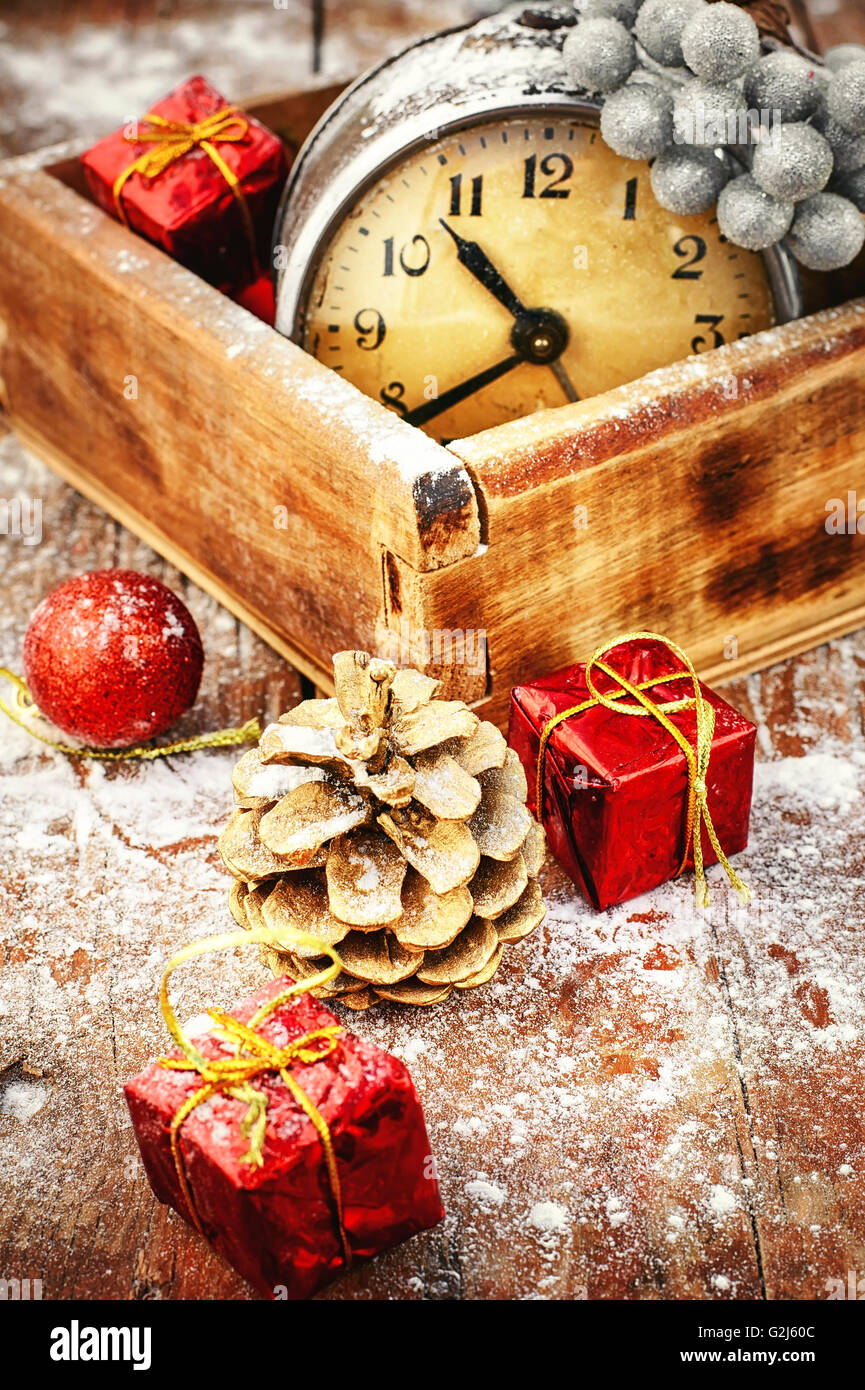 Vintage box with an old-fashioned clock alarm clock and Christmas ...