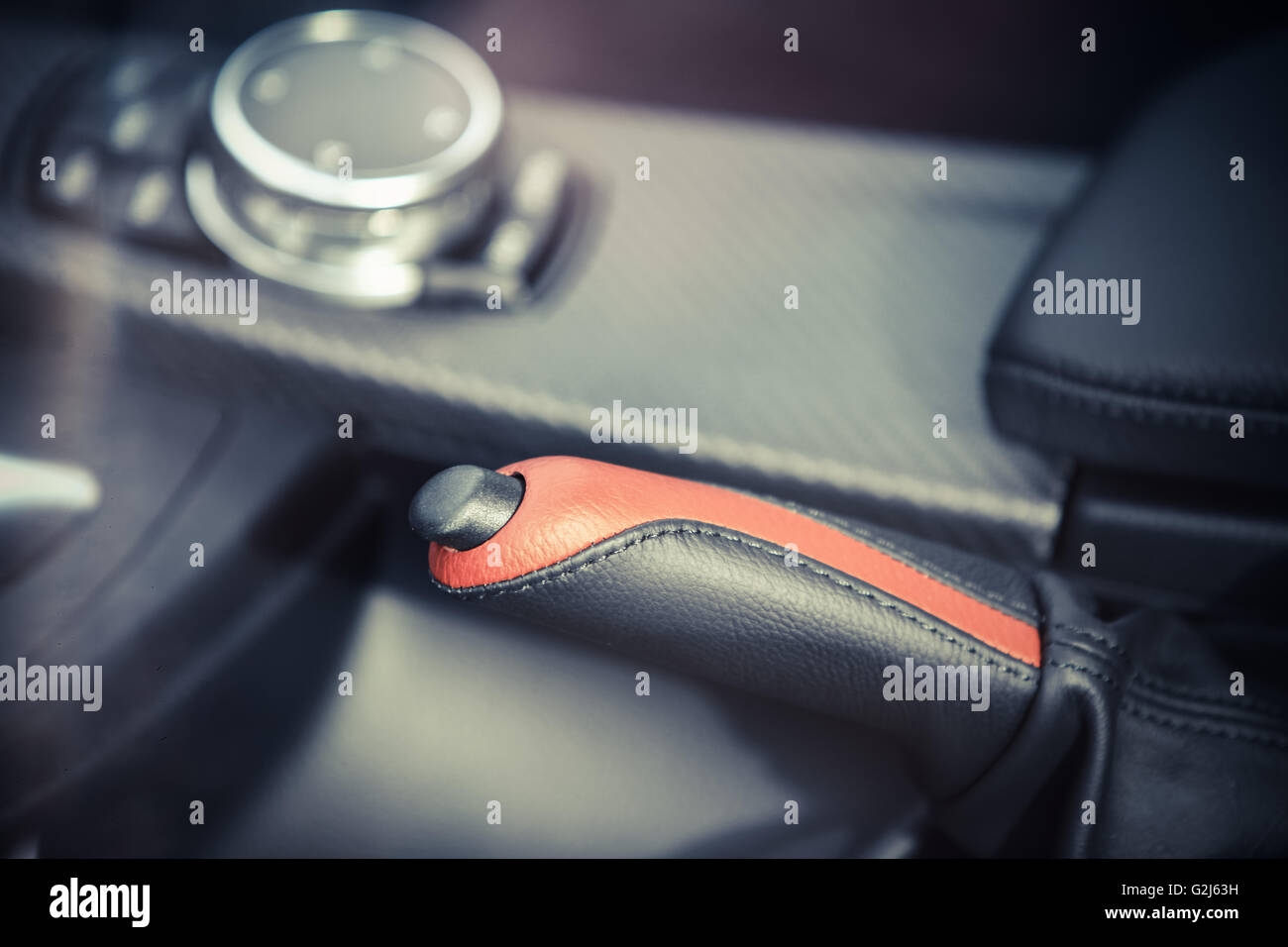 Close up shot of the hand brake of a car Stock Photo - Alamy
