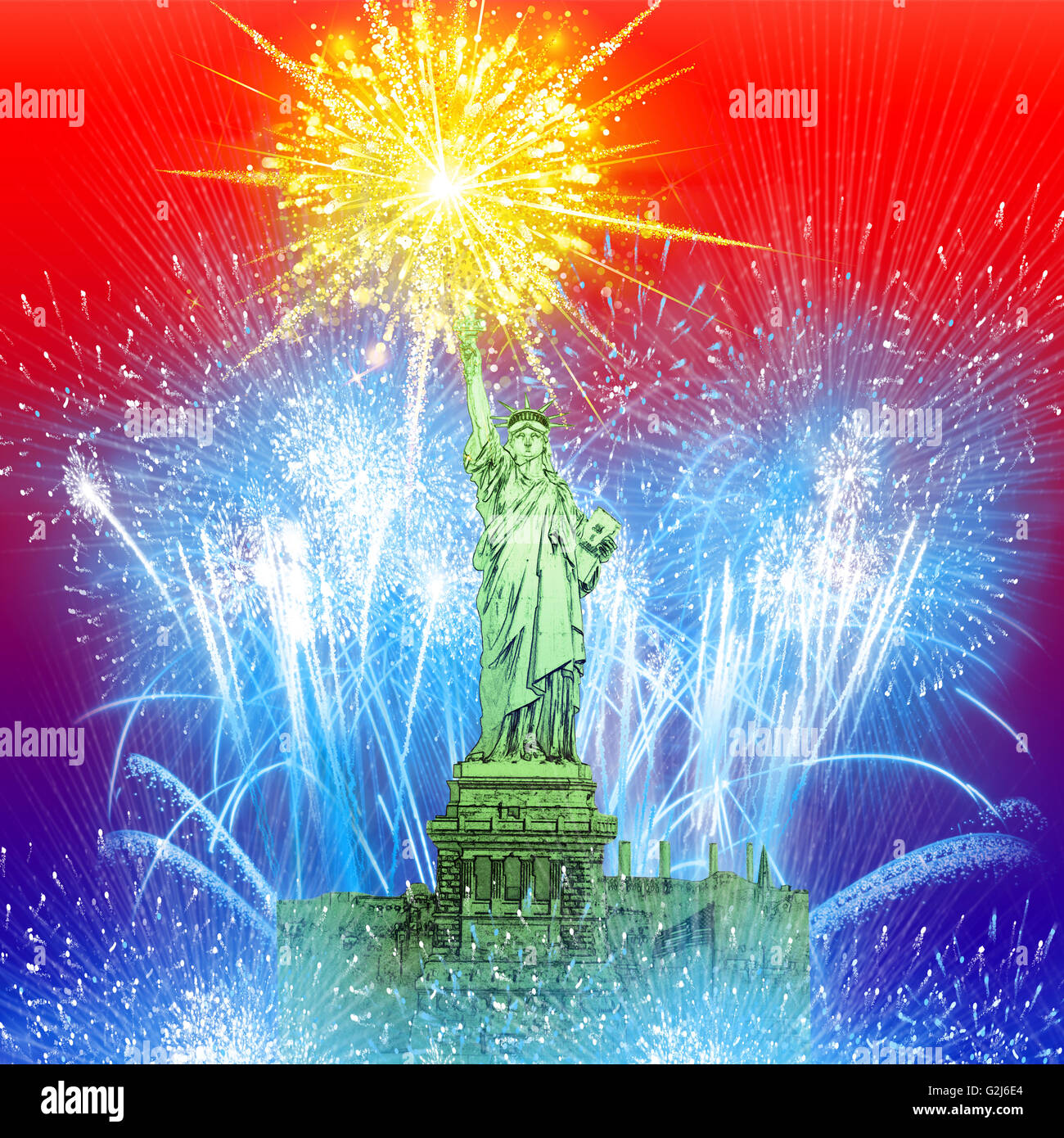 Beautiful colorful holiday fireworks over The Statue of Liberty. Happy ...