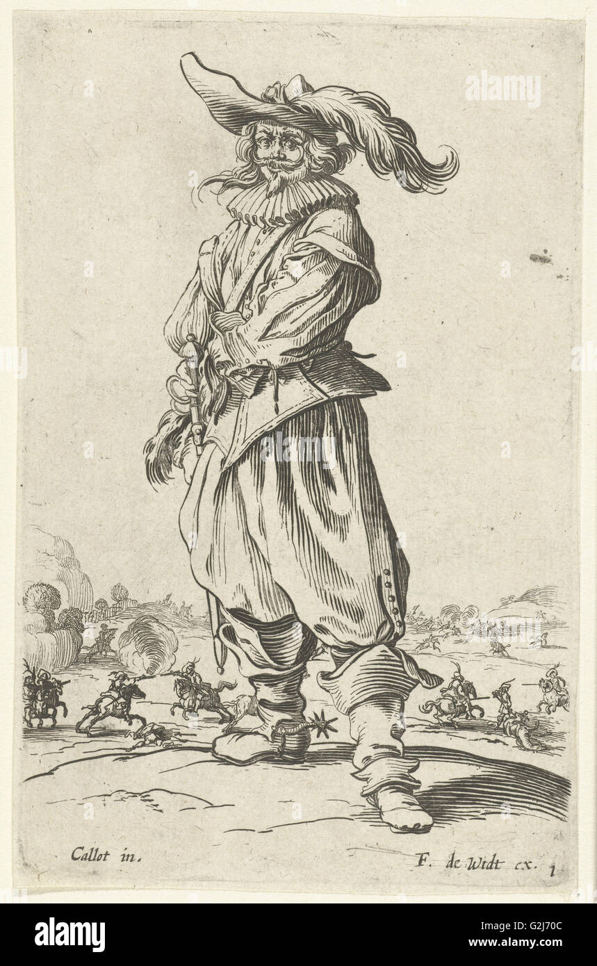 Horseman with plumed hat, seen from the front, Jacques Callot, print ...