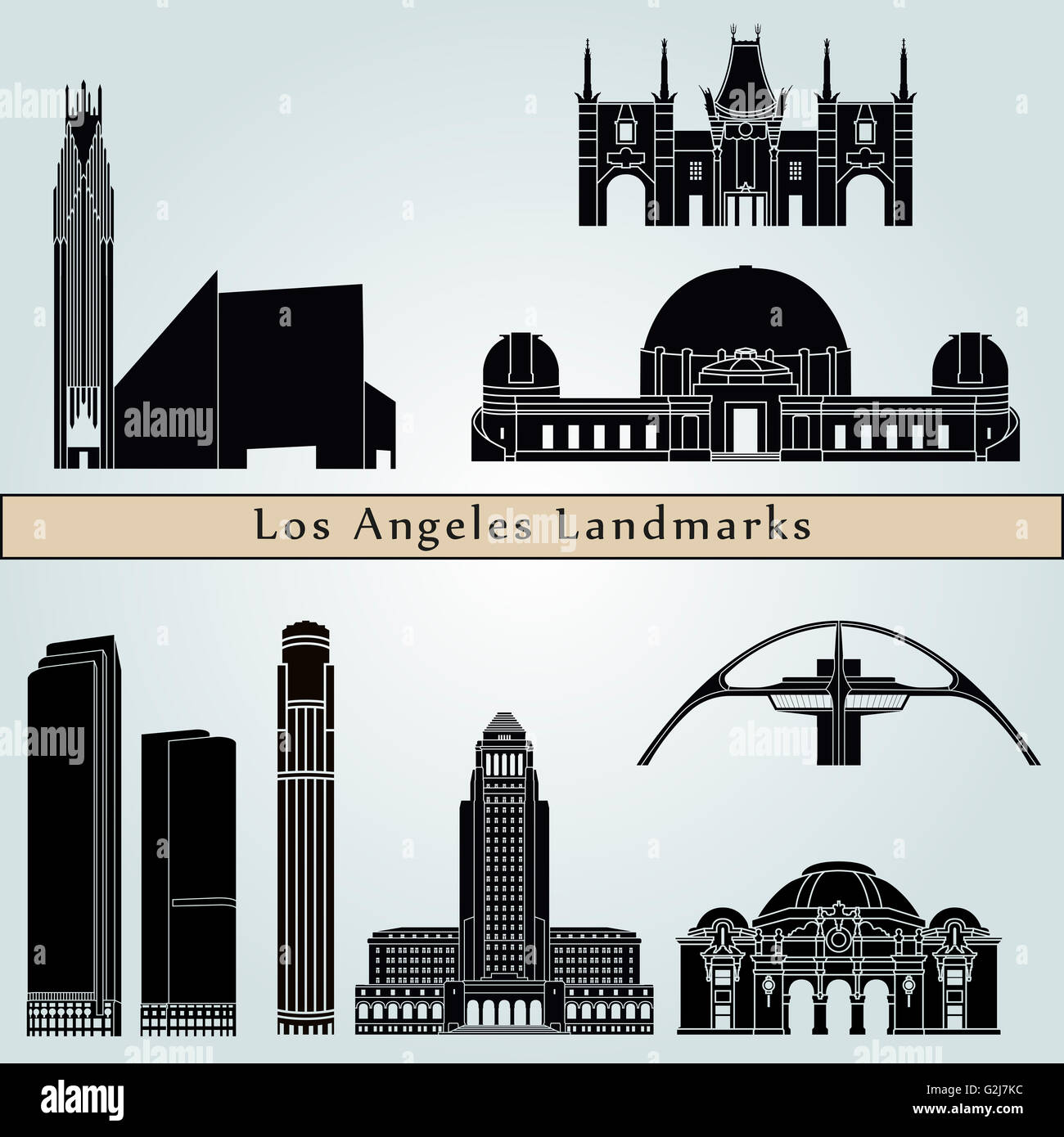 Los Angeles landmarks and monuments isolated on blue background in ...