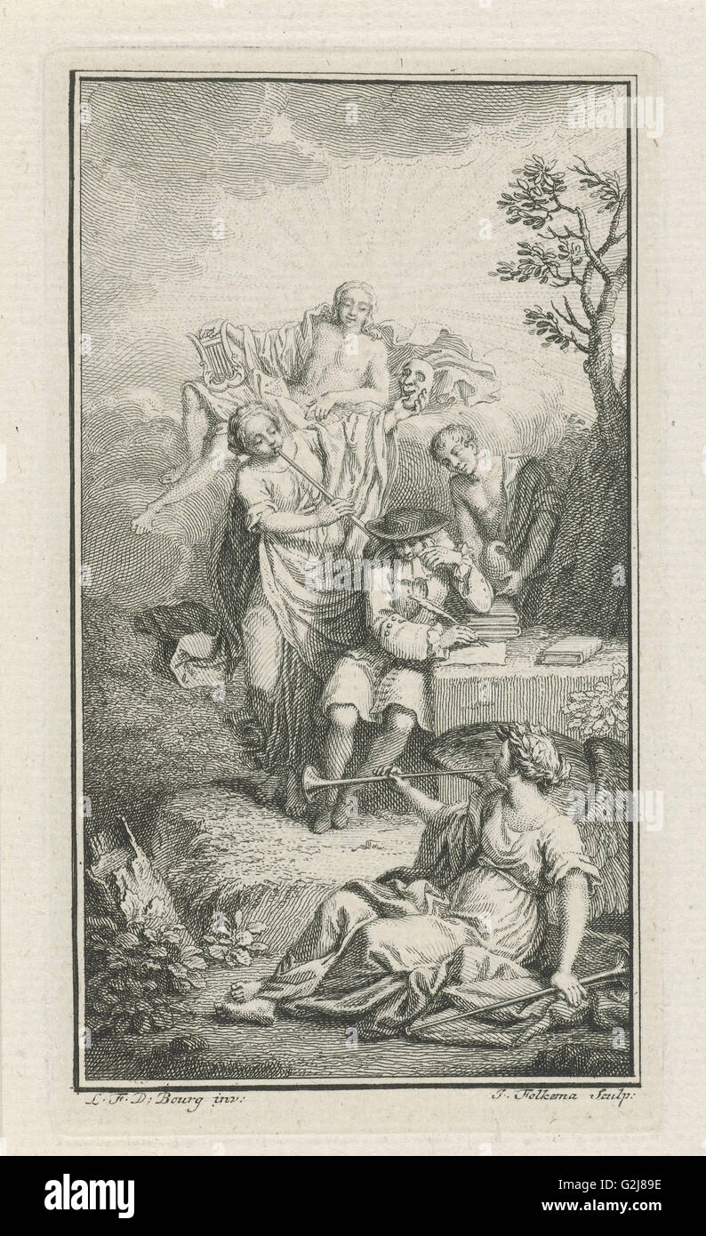 Playwright Paul Scarron surrounded by allegorical figures, Jacob Folkema, 1703 - 1767 Stock ...