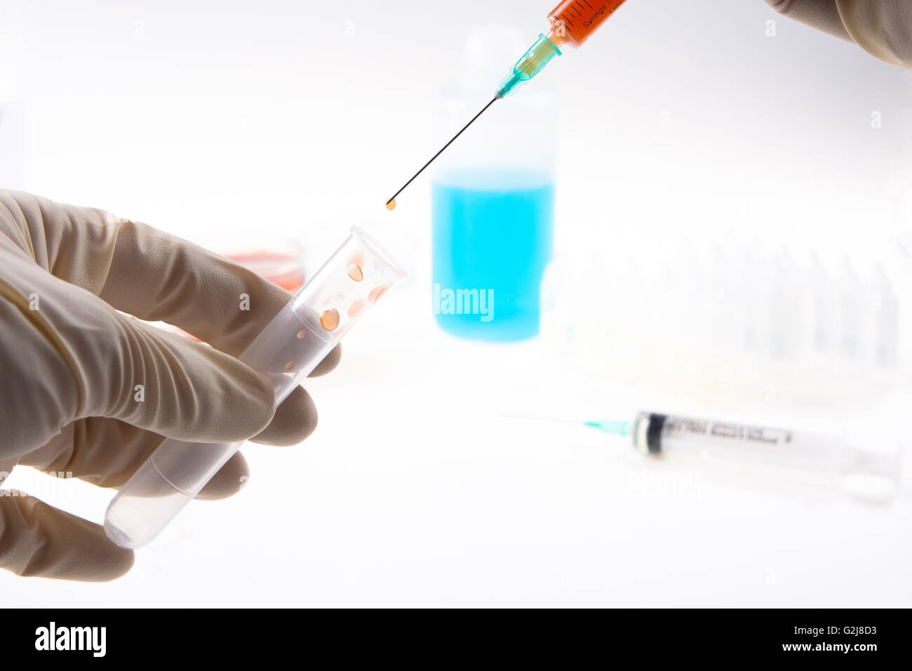 blood sample transfer from syringe to a plastik tube Stock Photo - Alamy