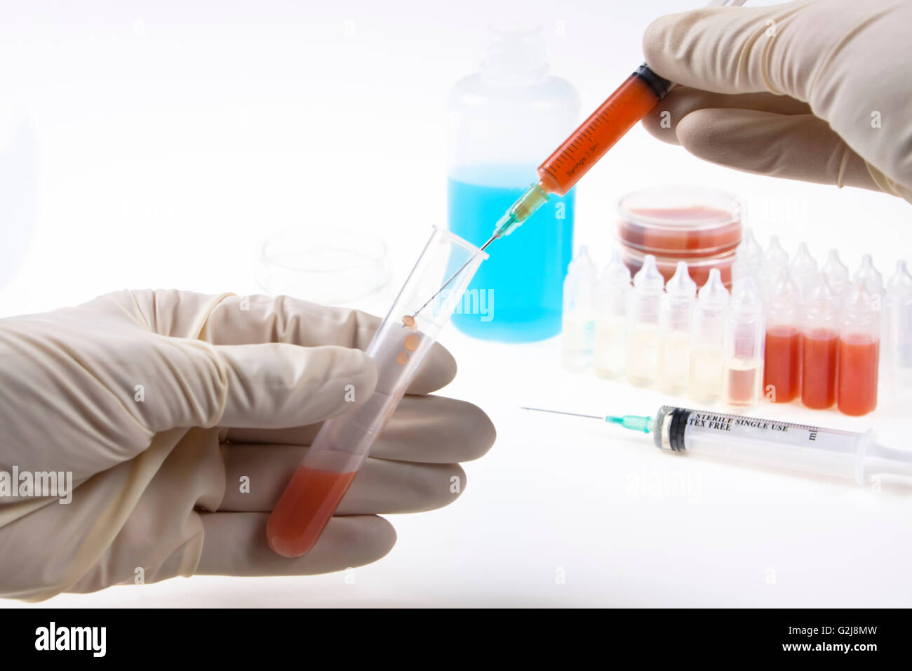 sampling blood with a syringe and aplastic tube in lab on white ...