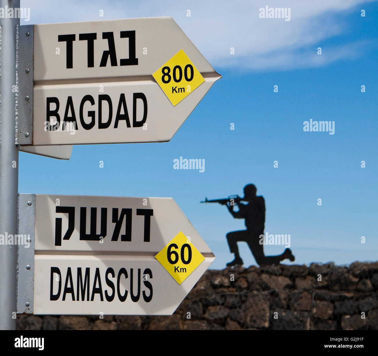 bagdad damascus direction sign with a soldier in the background over ...