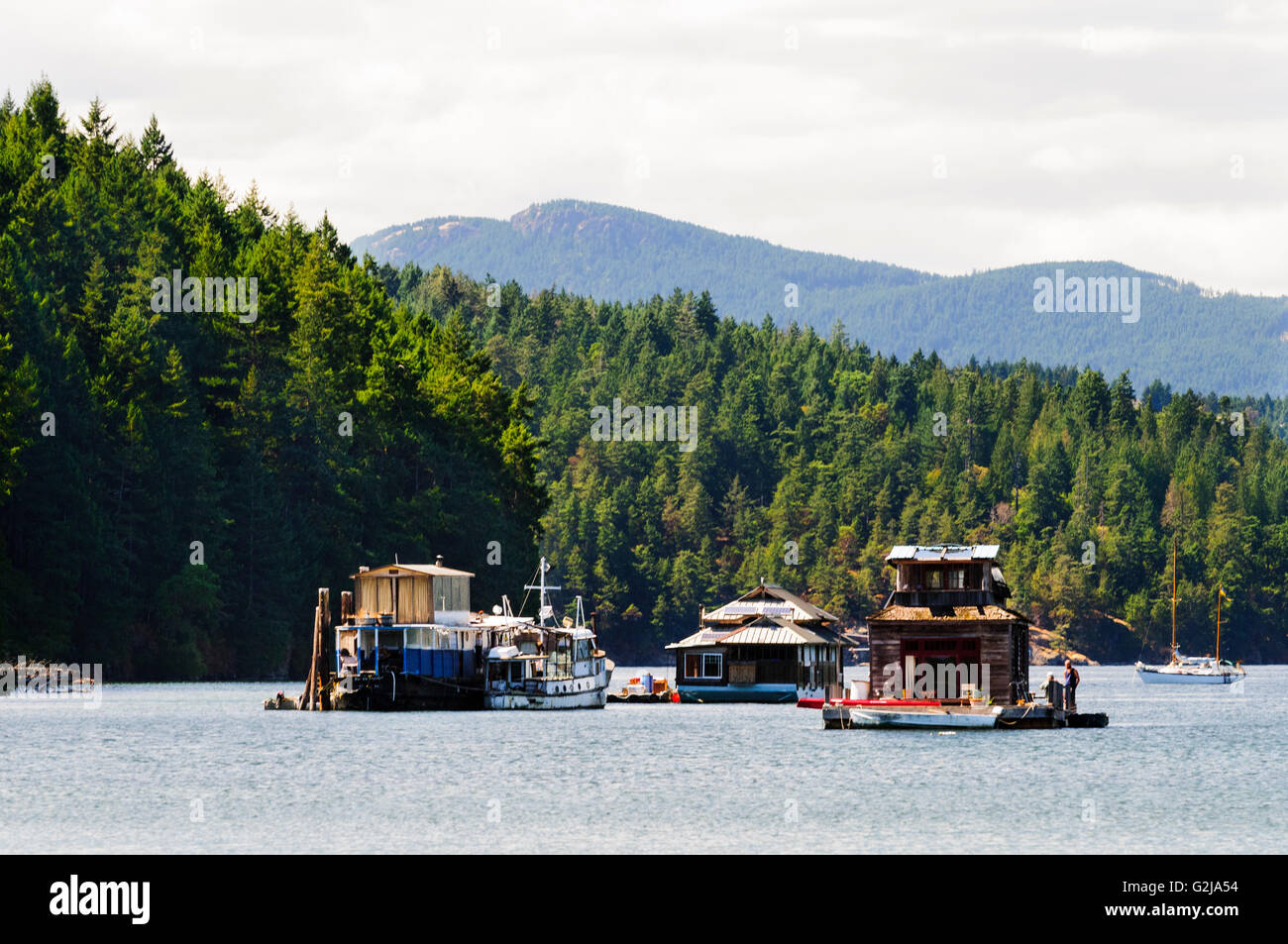 Three float homes anchored in Burgoyne Bay in Salt Spring Island ...