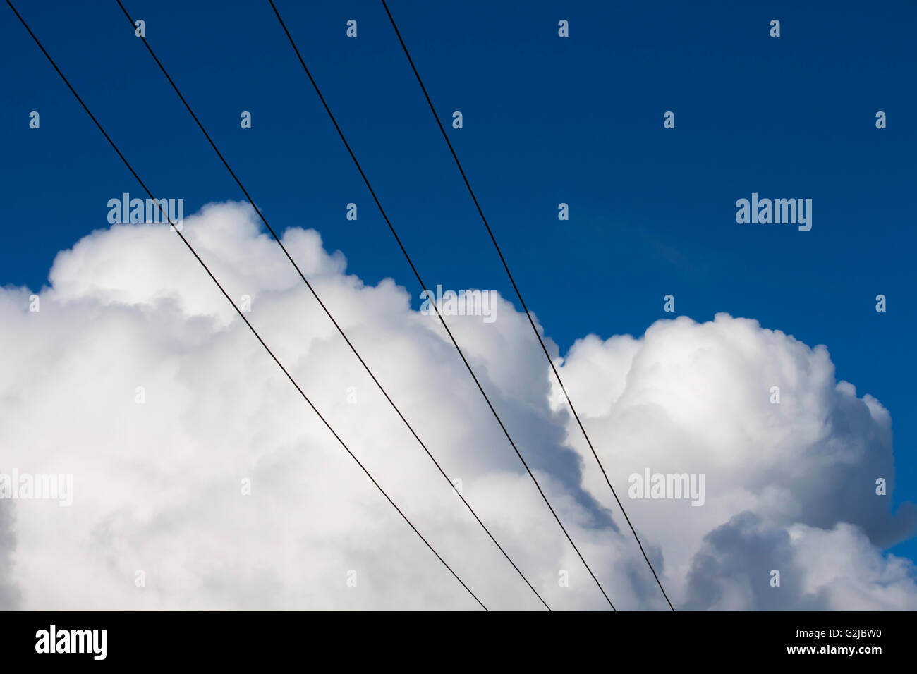 Suburban power lines and pole with fluffy white cumulus cloud ...