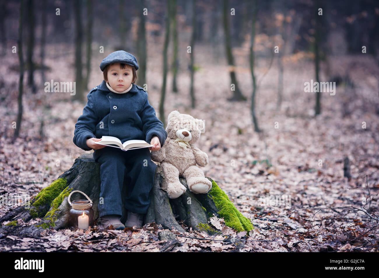 Cute little child, preschool boy, sitting on a tree trunk with his ...