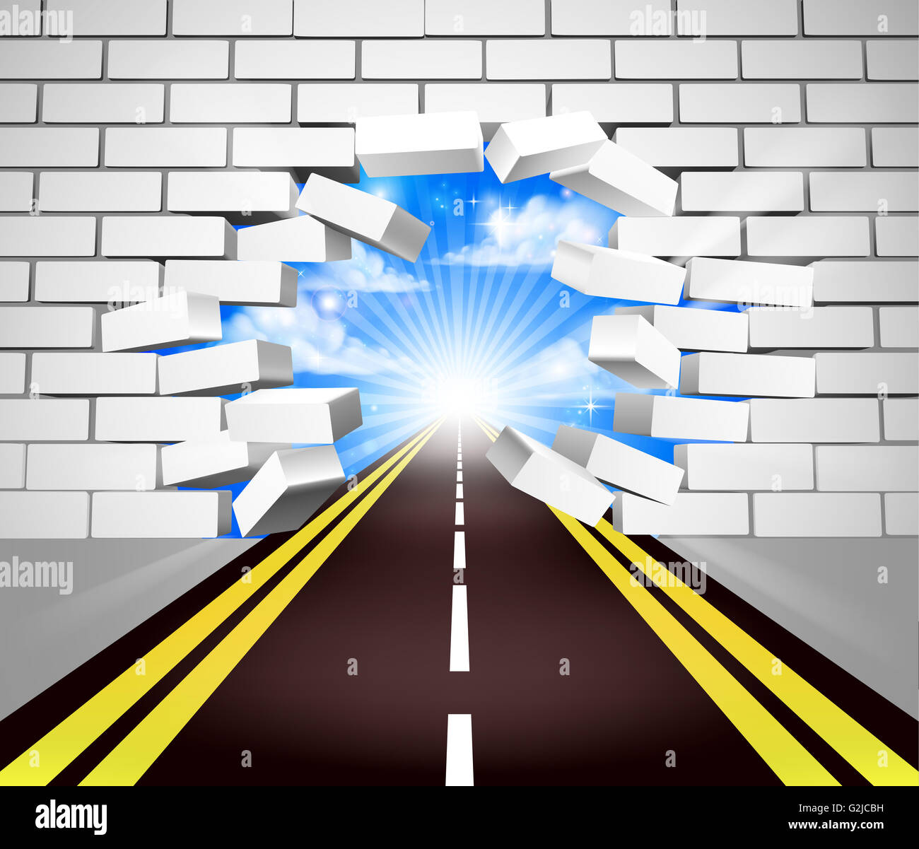 A road breaking through a white brick wall, concept for overcoming ...