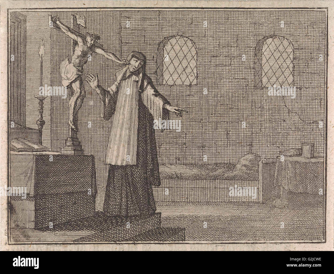 Crucifix pricks a nail in the cheek of a fleeing nun, Caspar Luyken ...